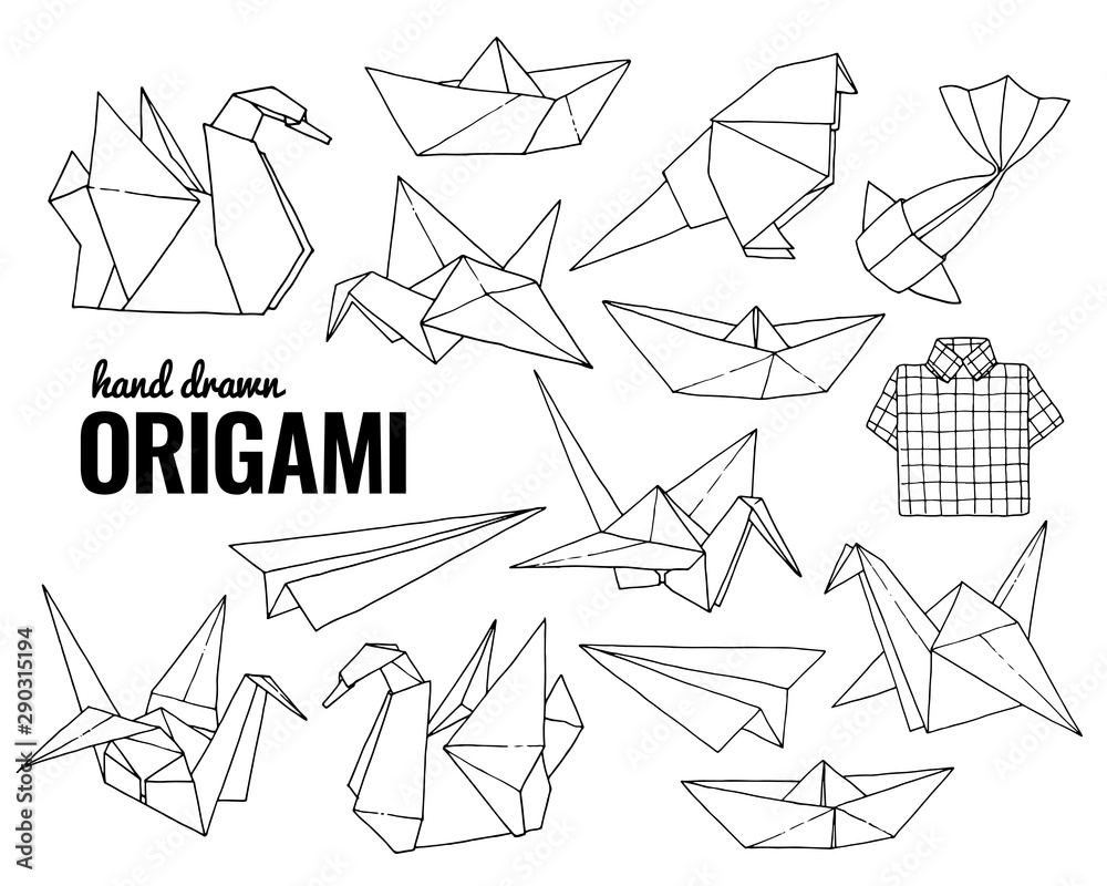 Origami hand drawn vector set, folder paper art animals shapes isolated ...