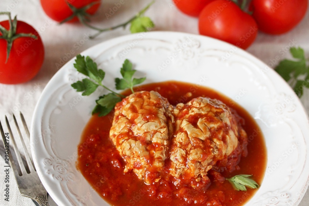 brains of a cow, sheep or calf in tomato sauce. dishes with offal. dish ...
