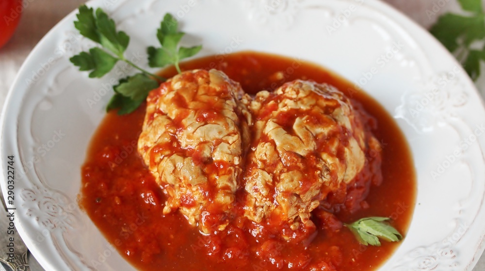 brains of a cow, sheep or calf in tomato sauce. dishes with offal. dish ...