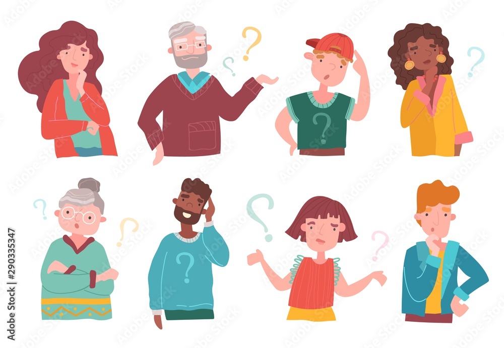 Set of eight colorful multiracial cartoon people deep in thought, some ...