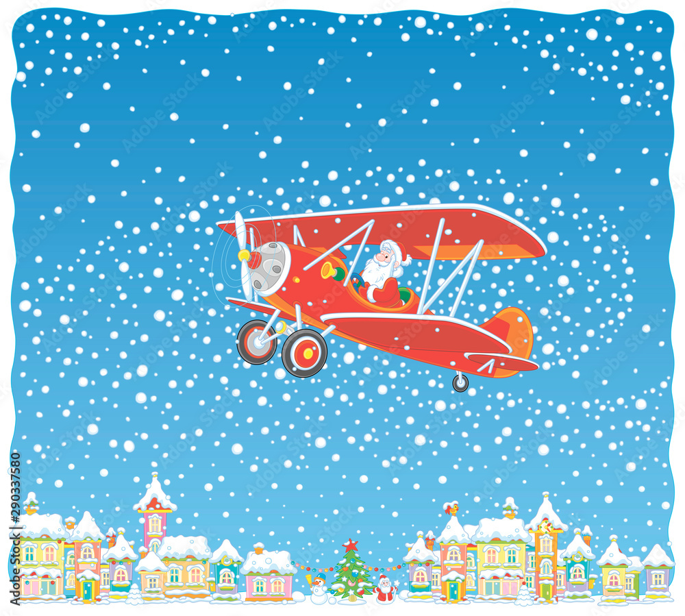 Christmas background with Santa Claus flying his old wood airplane ...