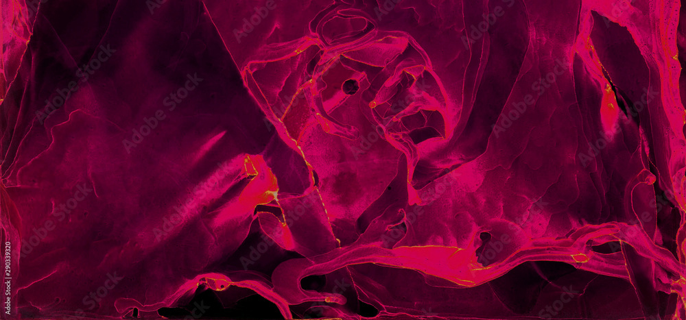 Bright deep dark pink alcohol ink neon abstract on black paper ...