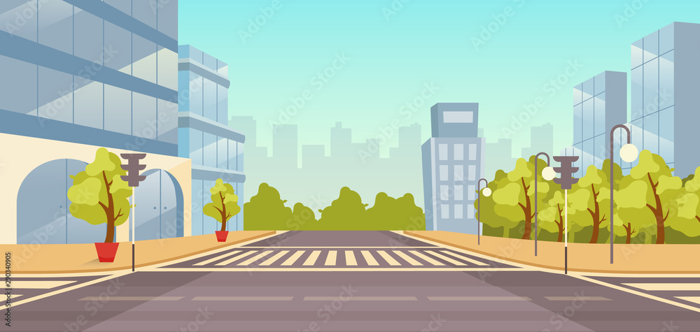 City street flat vector illustration. Cityscape with no people. Urban ...