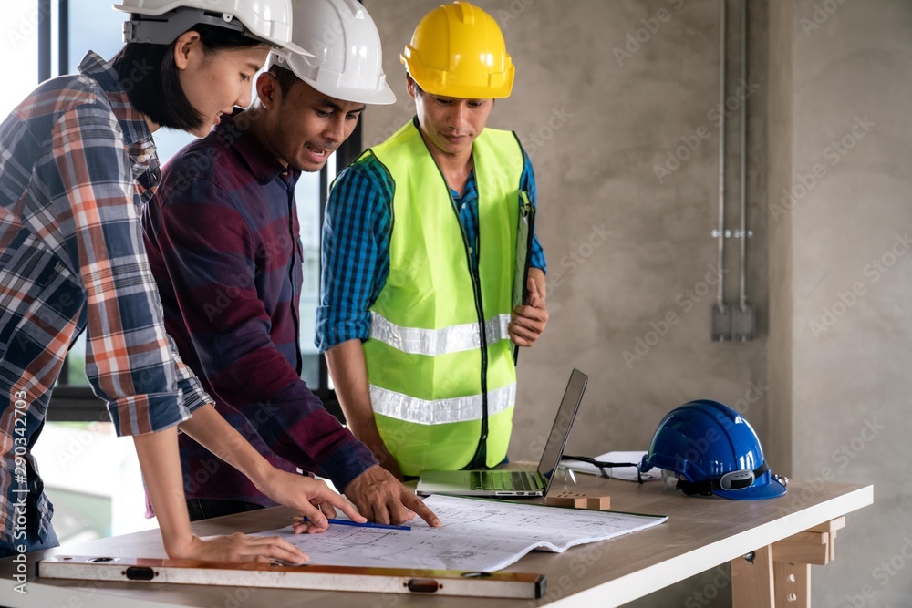 Architect & Engineer working drawing document about project planning ...