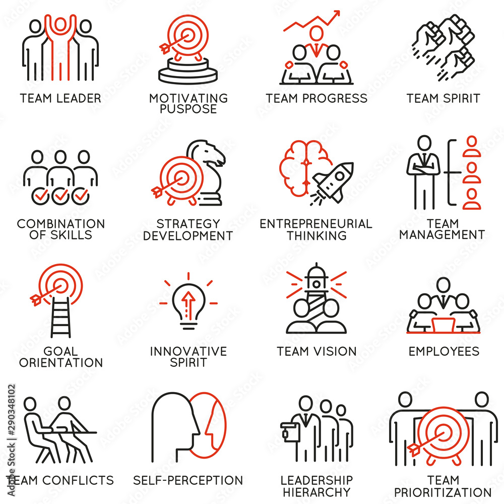 Vector set of linear icons related to team work, team leader and human ...
