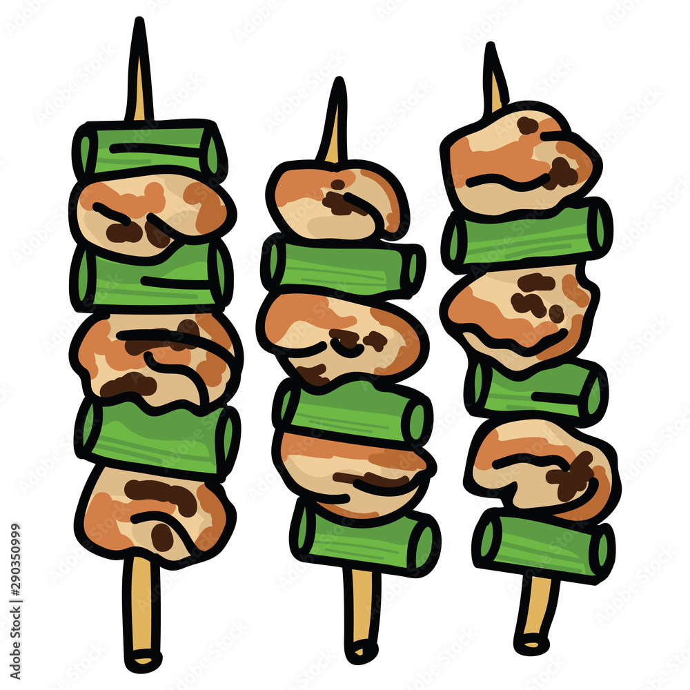 Cute set of yakitori chicken skewers illustration. Hand drawn Japanese ...