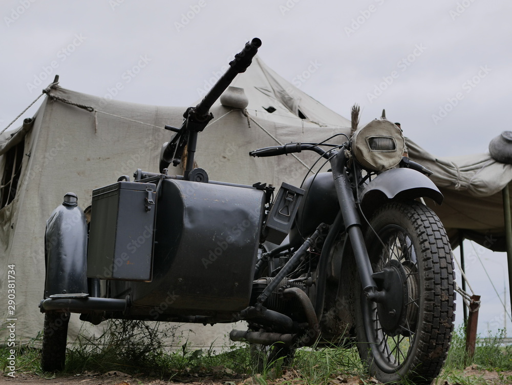 World war II motorcycle with sidecar and mounted ammunition boxes and ...