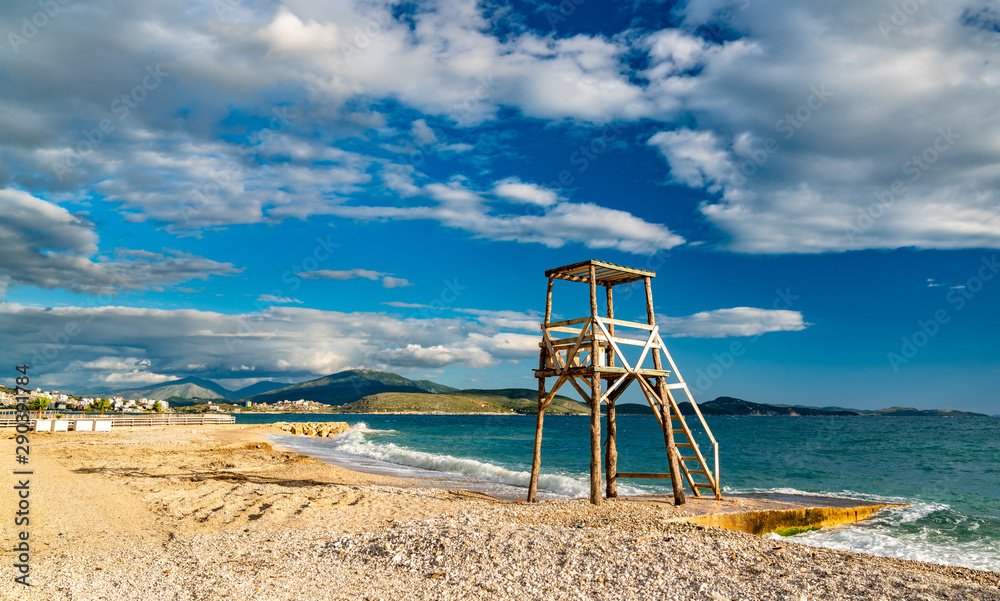Baywatch chair on a beach in Saranda, Albania foto de Stock | Adobe Stock