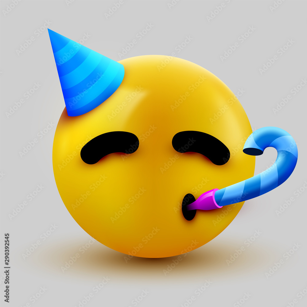 Party face emoji - yellow face with a party hat blowing and party horn ...