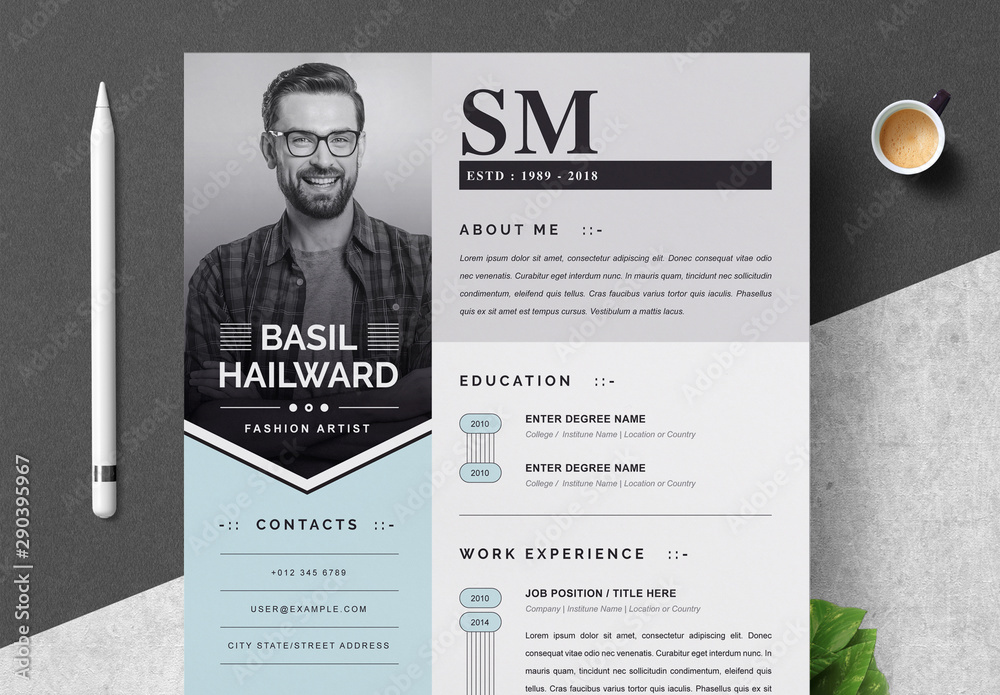 Decorative Resume Layout Set with Blue Elements Stock Template | Adobe ...