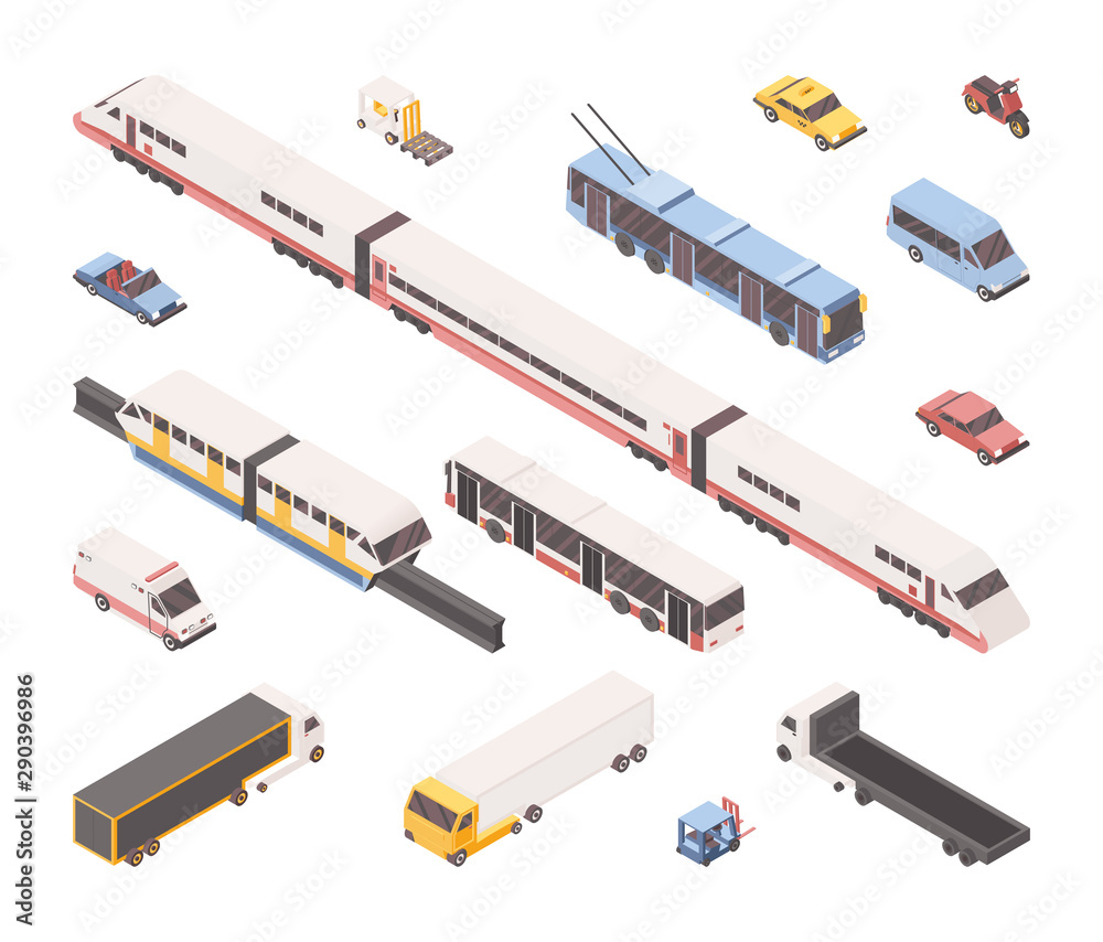 City transport isometric vector illustrations set. Public and ...