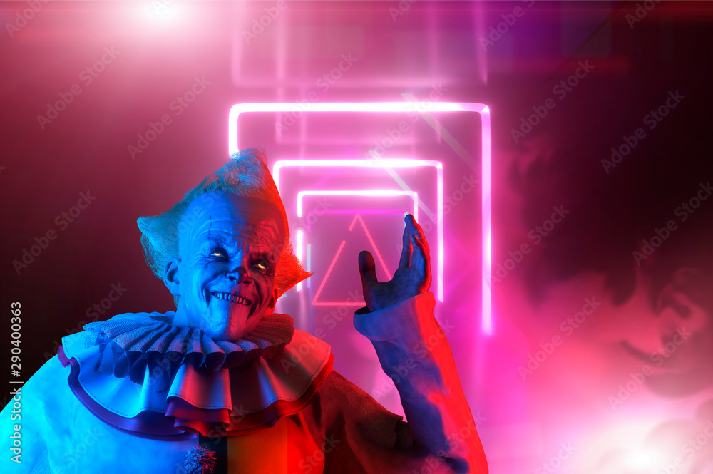 scary Halloween clown render 3D in neon lights Stock Illustration ...