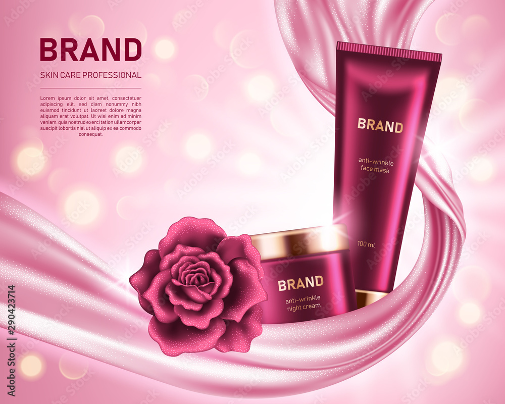 Realistic cream jar and tube with shiny rose on pink background with ...