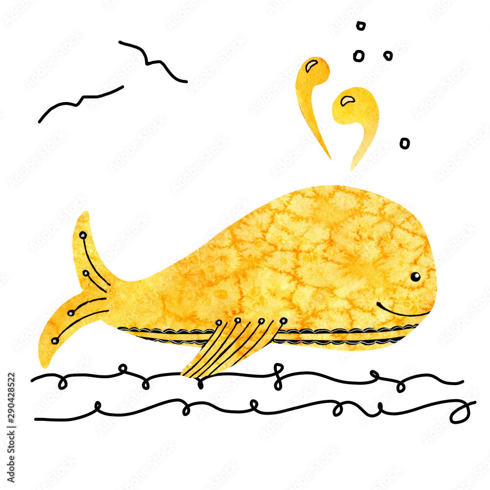 Illustration with cartoon whale. Hand drawing with a flock of marine ...