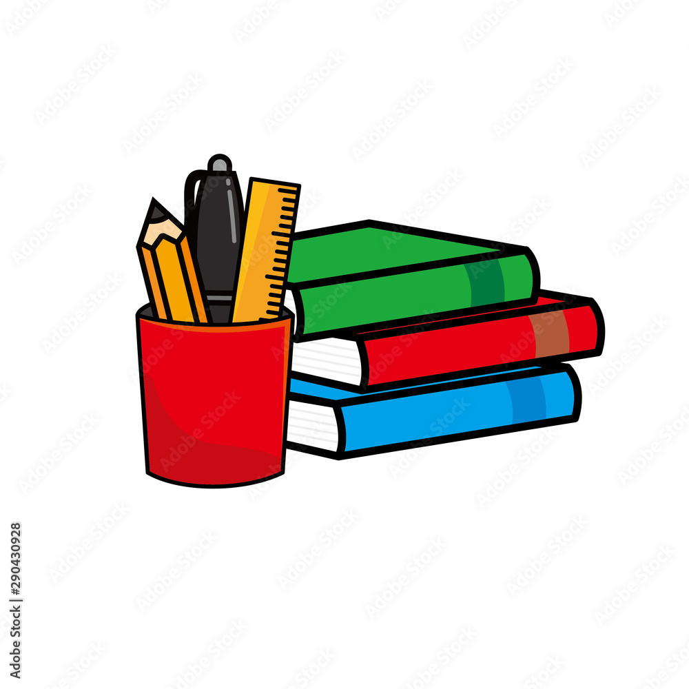 Stack of books vector with pencil pen and ruler vector illustration isolated on white background ...