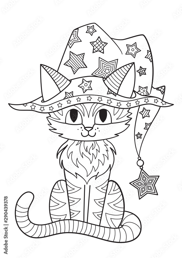 Halloween coloring book page cat in the witch hat Stock Vector | Adobe ...