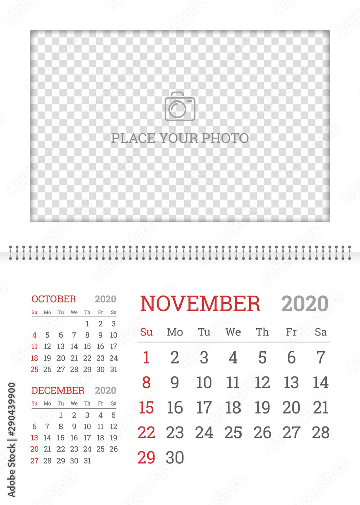 Wall calendar planner template for November 2020 year with place for ...