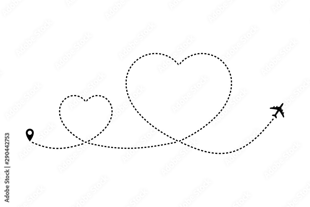 Airplane heart dotted line path of air plane flight route with start ...
