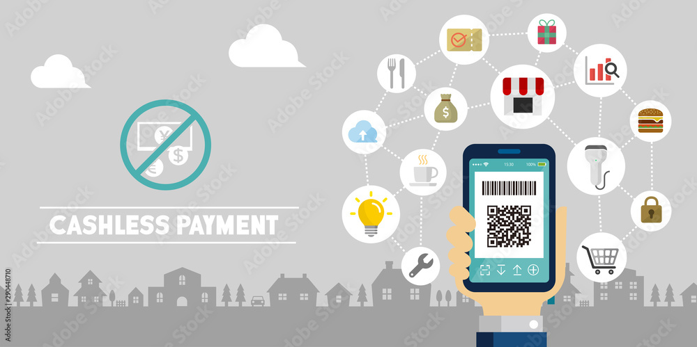 Cashless payment ( QR code payment, smartphone payment) vector banner ...