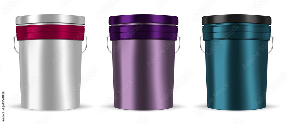 Glossy color metal bucket with handle isolated on white background ...