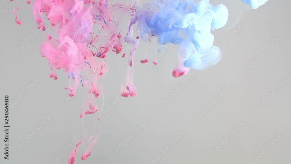 hd video of blue and pink ink in water. slow motion of acrillic paint ...