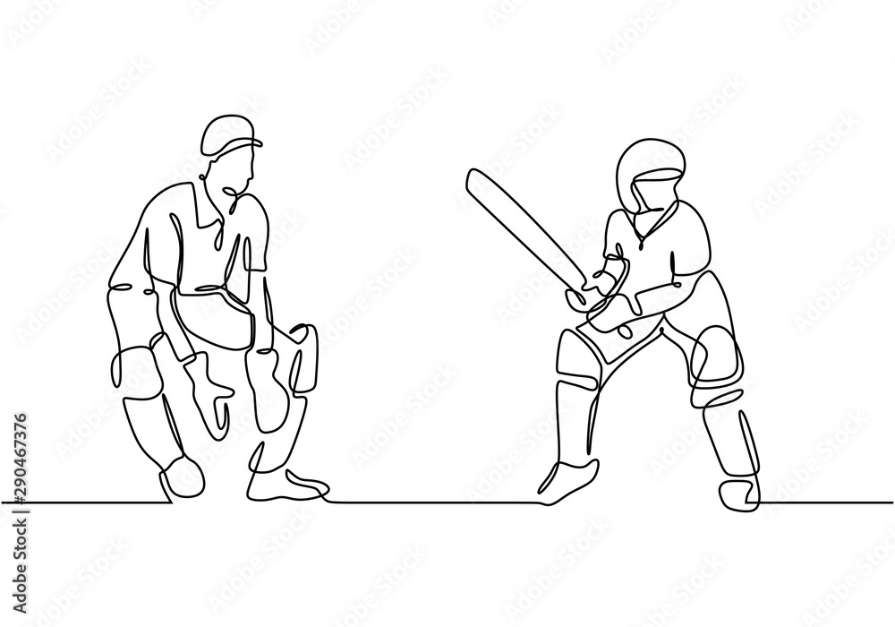 Continuous line drawing sport theme, Two person playing cricket game ...