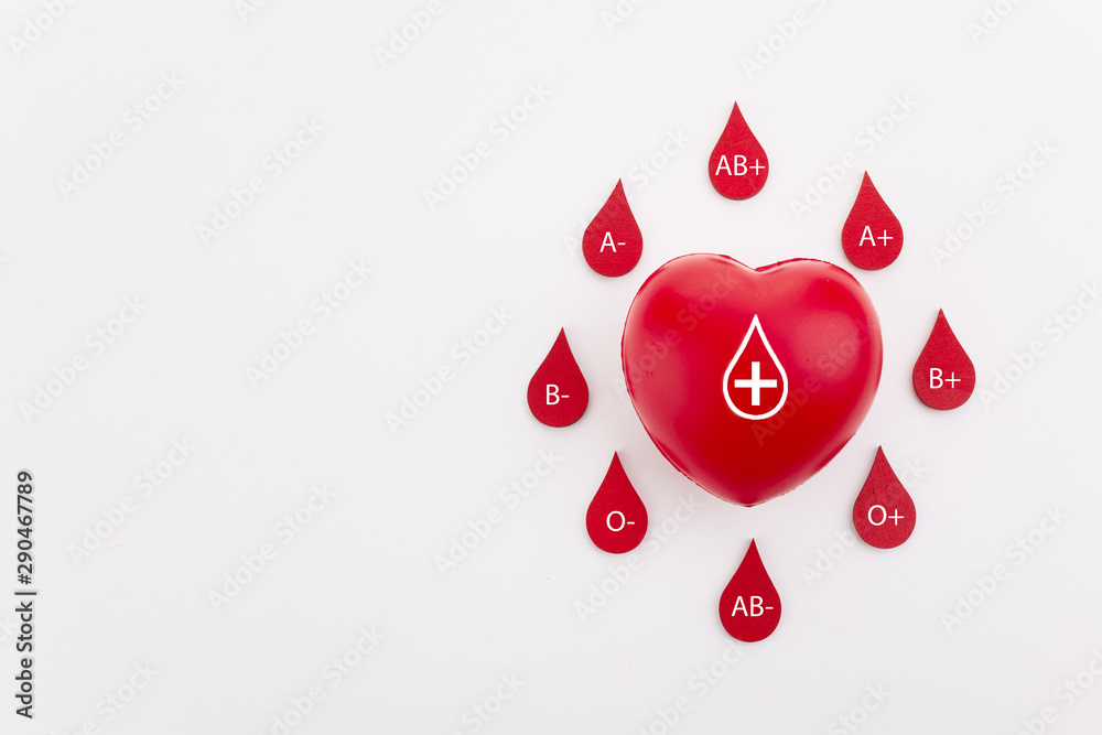 Heart and blood drops with different blood types on white background ...