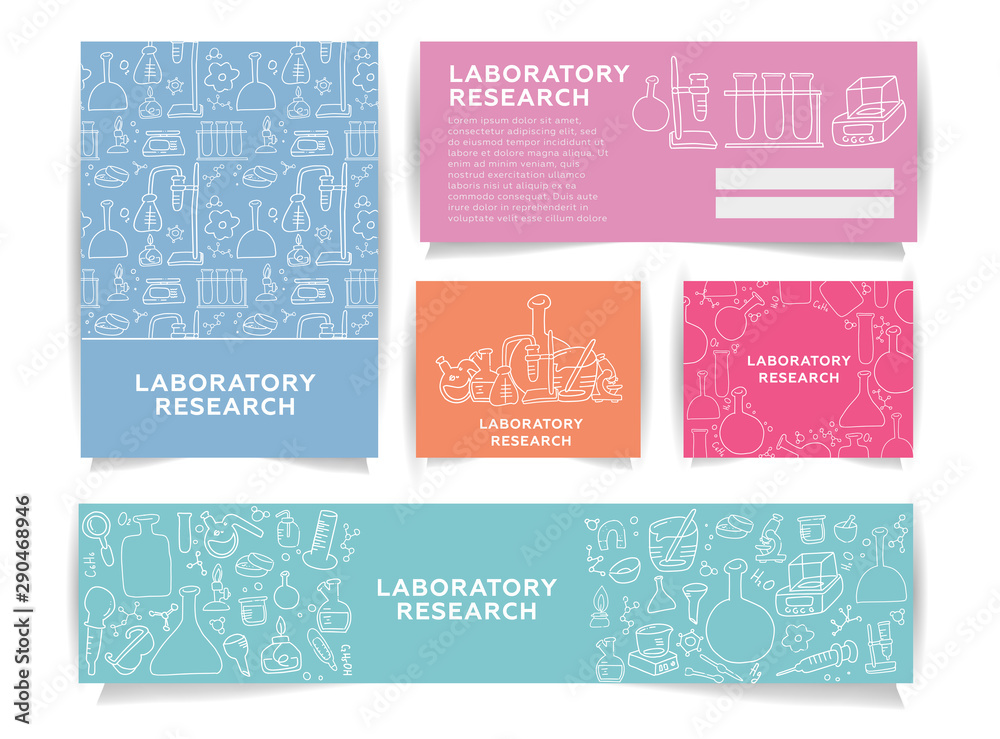 Science information cards set. laboratory template of flyear, magazines ...