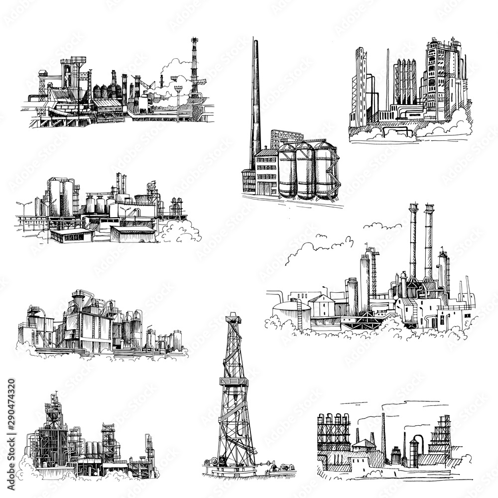 Chemical plant, the production of polymers, hand-drawn vectot sketch ...