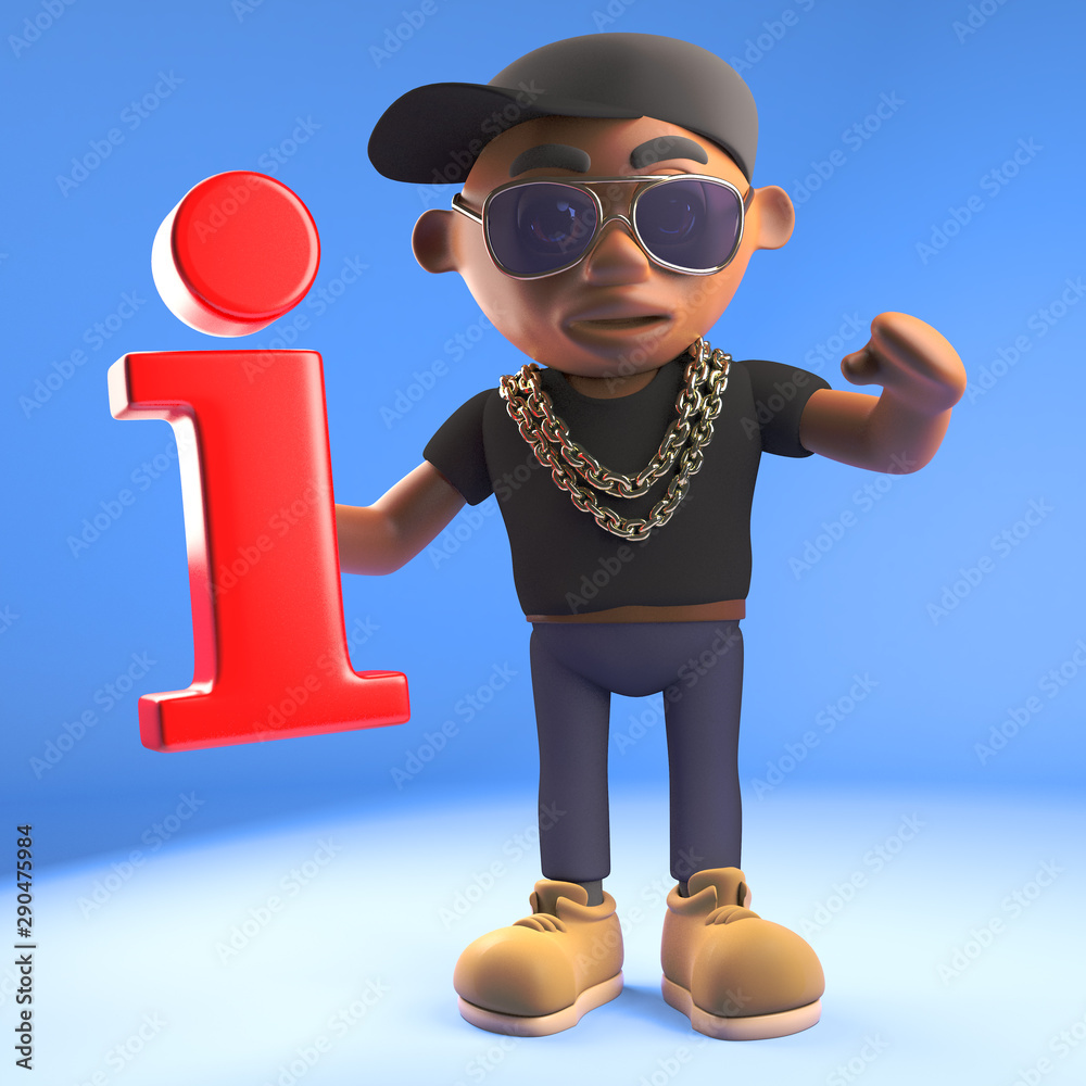 3d black hiphop rapper emcee character holding a red information symbol ...