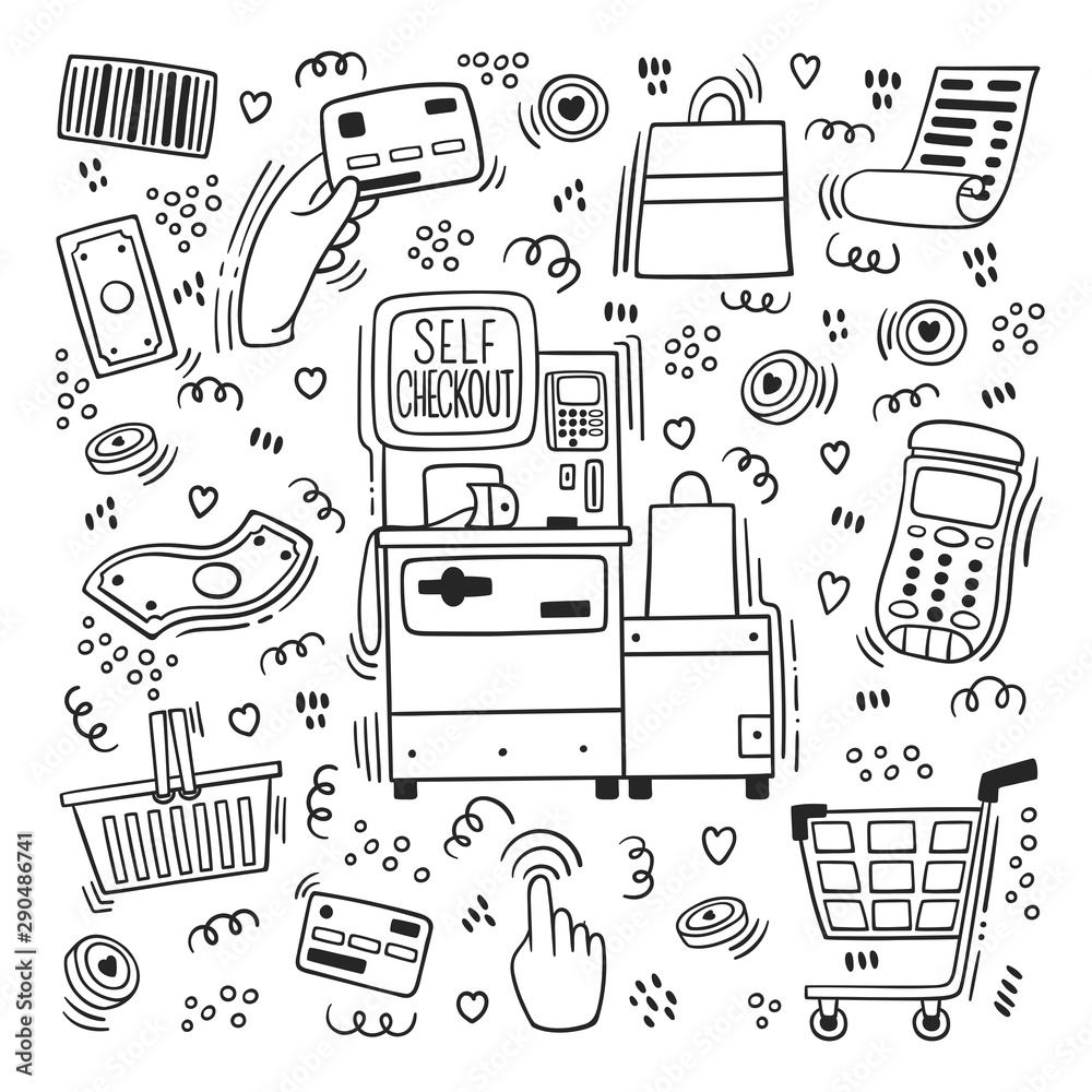 Self-service cashier or terminal doodle style. Vector set on 'Self ...