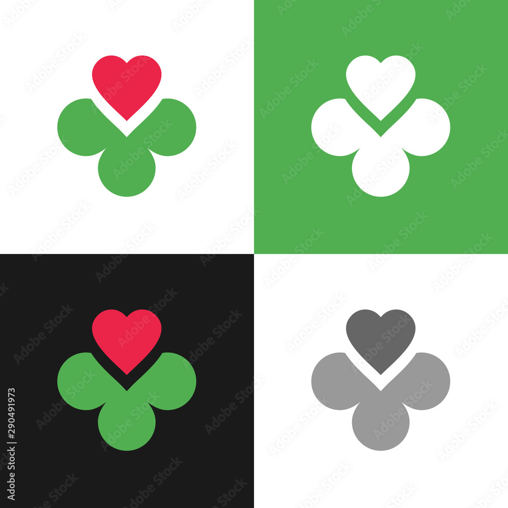 Clover leaf and heart logo icon, four leaves clover symbol - Vector ...
