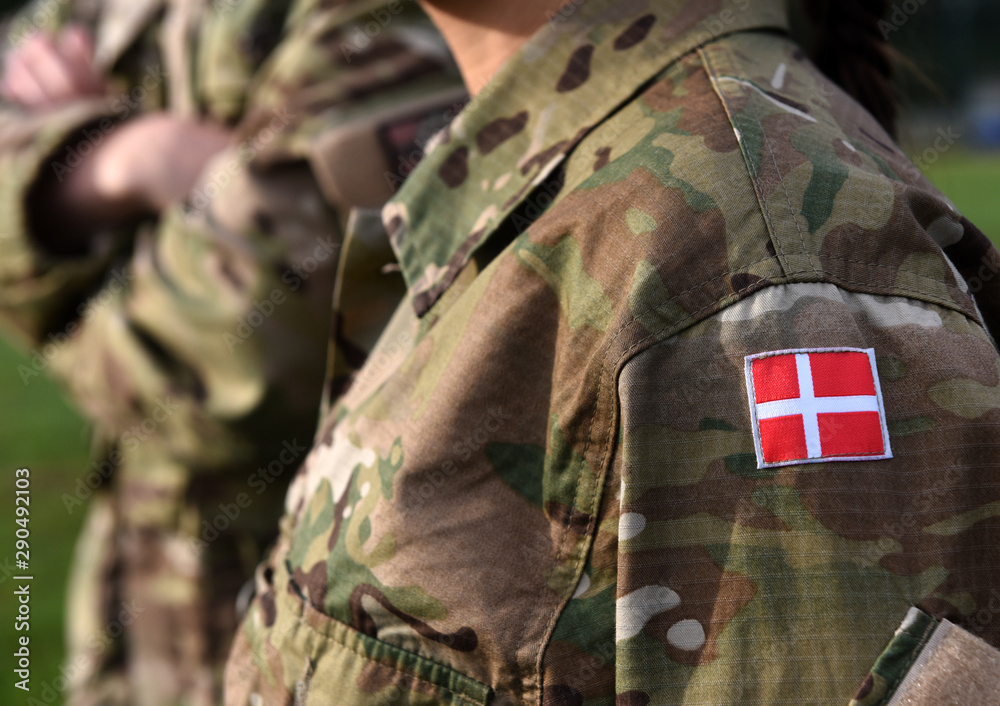 Woman soldier. Woman in army. Flag of Denmark on soldiers arm. Denmark ...
