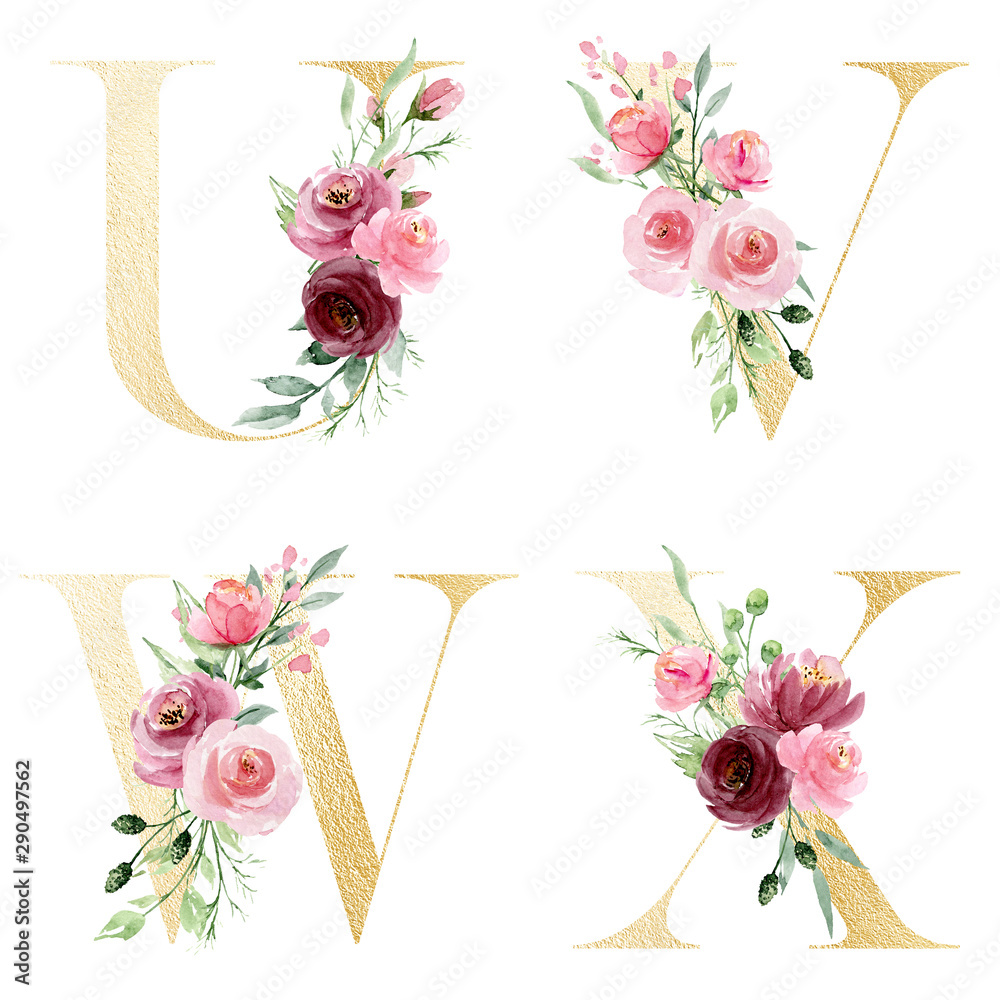 Gold alphabet, set letters with watercolor flowers roses and leaf ...