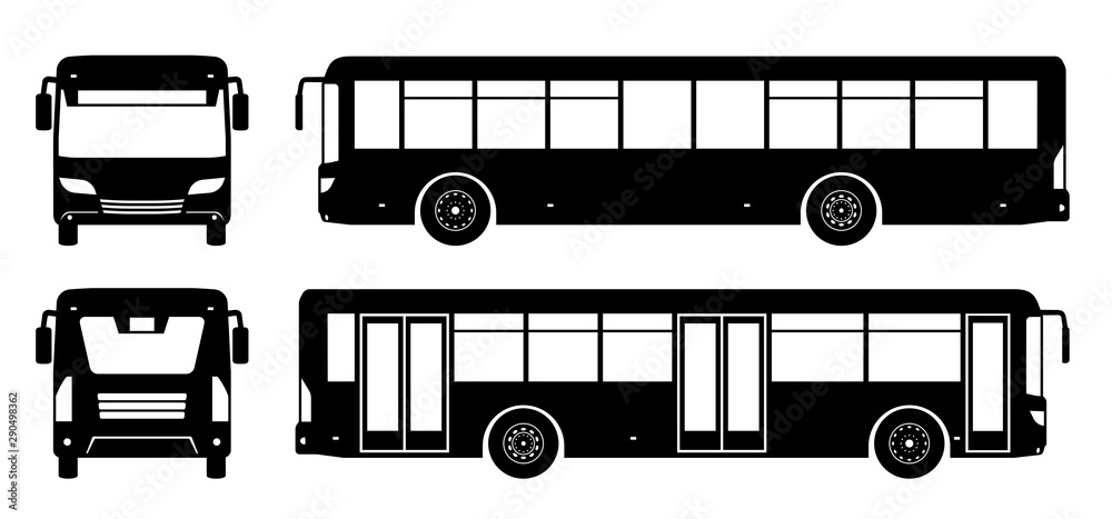 City bus silhouette on white background. Vehicle icons set view from ...