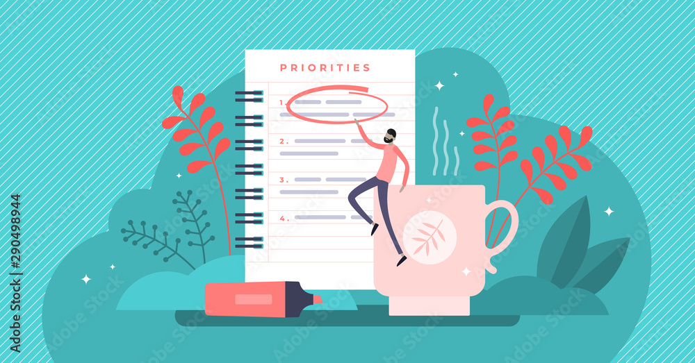 Priorities vector illustration. Tiny agenda importance list persons ...