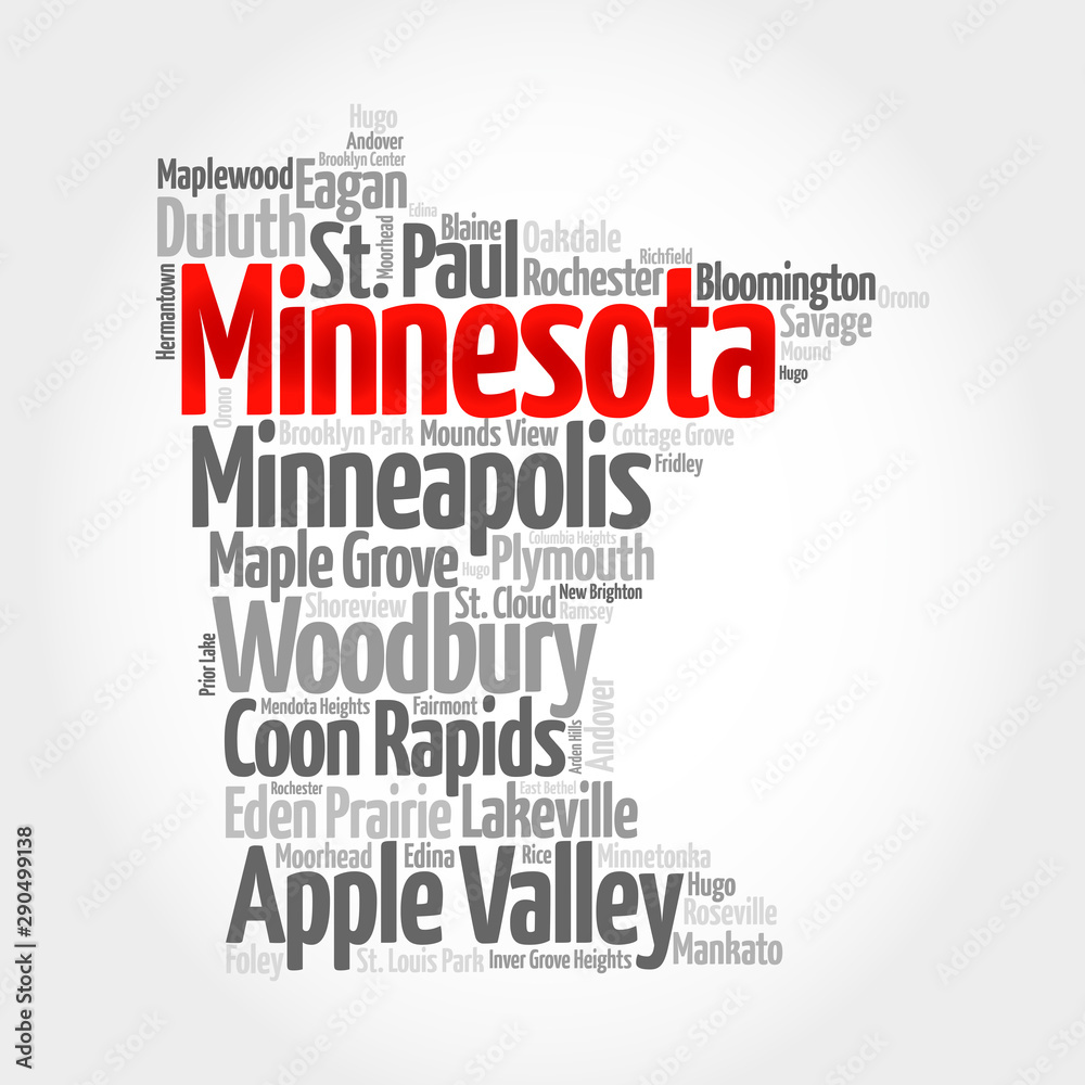 List of cities in Minnesota USA state, map silhouette word cloud map ...