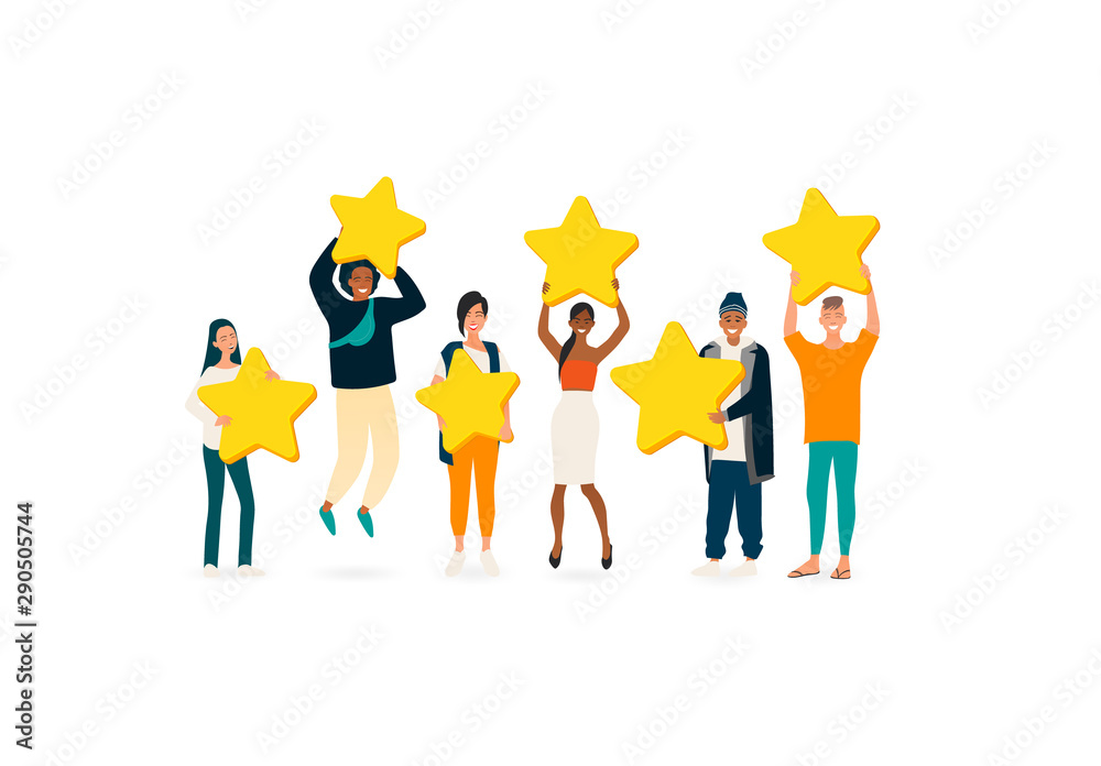 Vector illustration, Customer reviews rating, Different people give a review rating and feedback ...