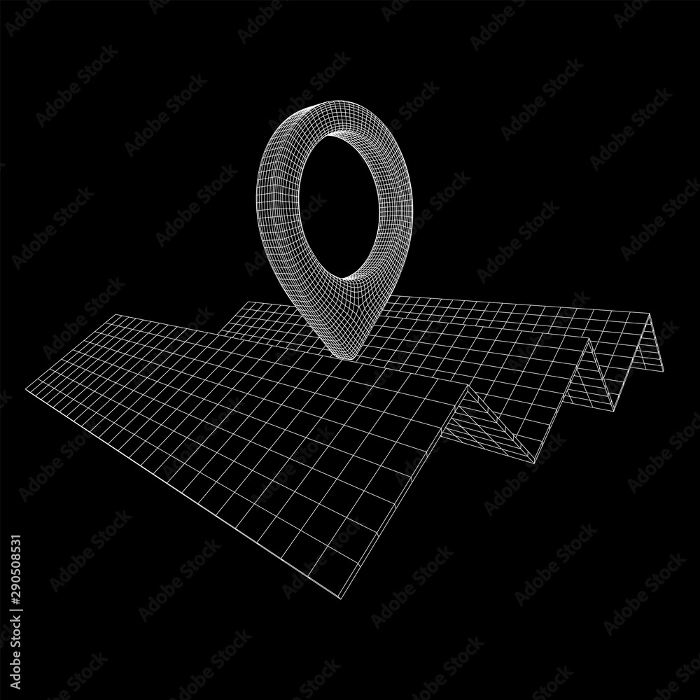 Geo map pin with folding map. Place symbol GPS pictogram. Wireframe low ...