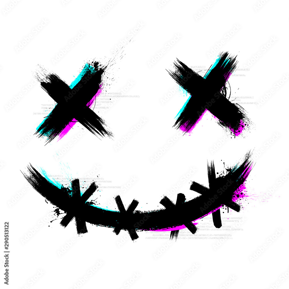 Vector Illustration Crazy Scary Brush Stroke Smile With 3D Tech Glitch ...