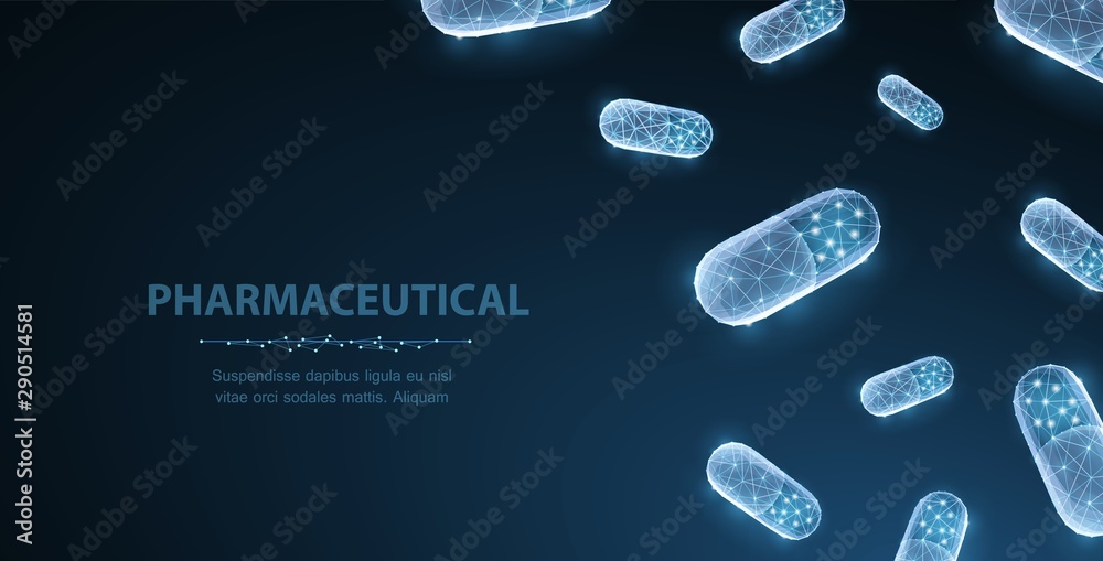 Pills. Abstract 3d polygonal wireframe two capsule pills on blue ...