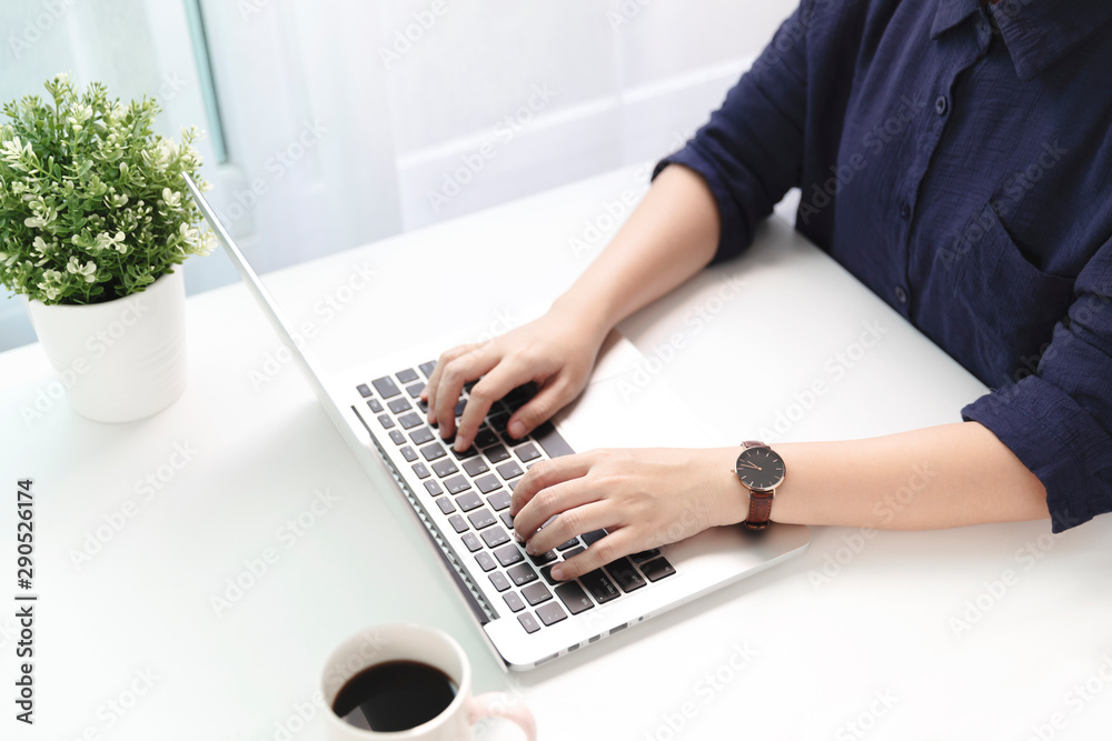 Young women using laptop with blank screen at table in the office, Back ...