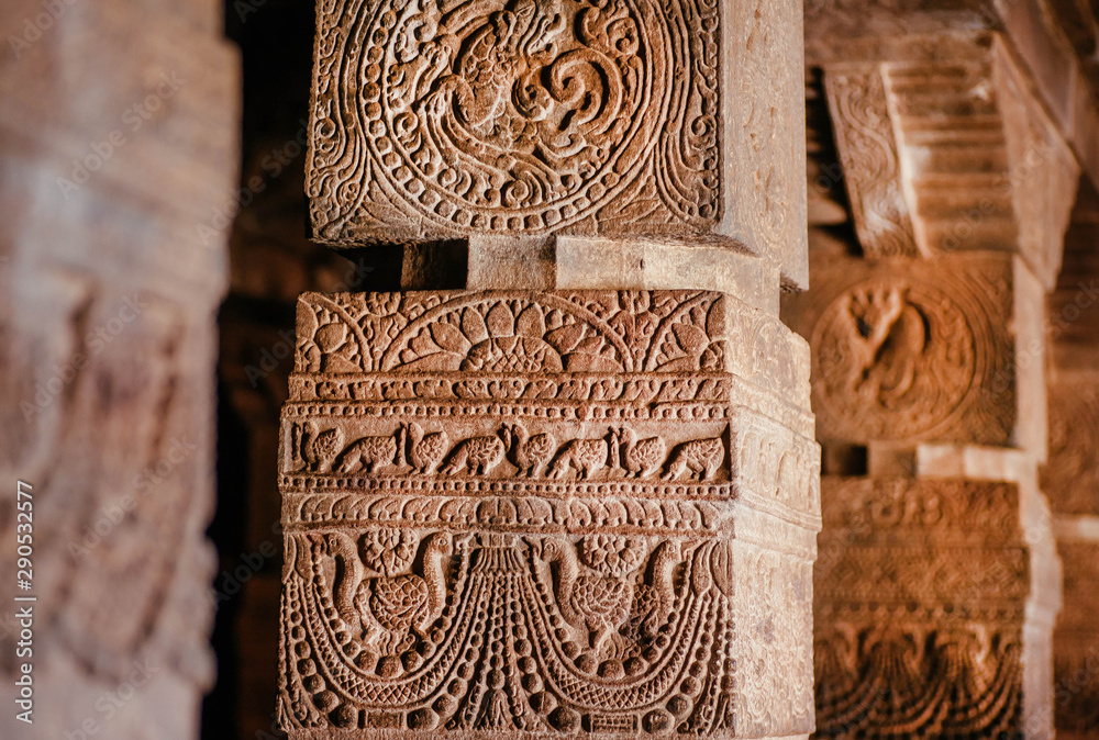 Details of columns designed in 6th century inside Hindu temple of ...