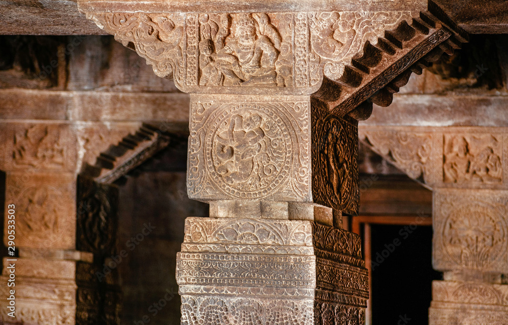 Shiva lord and traditional patterns on columns designed in 6th century ...