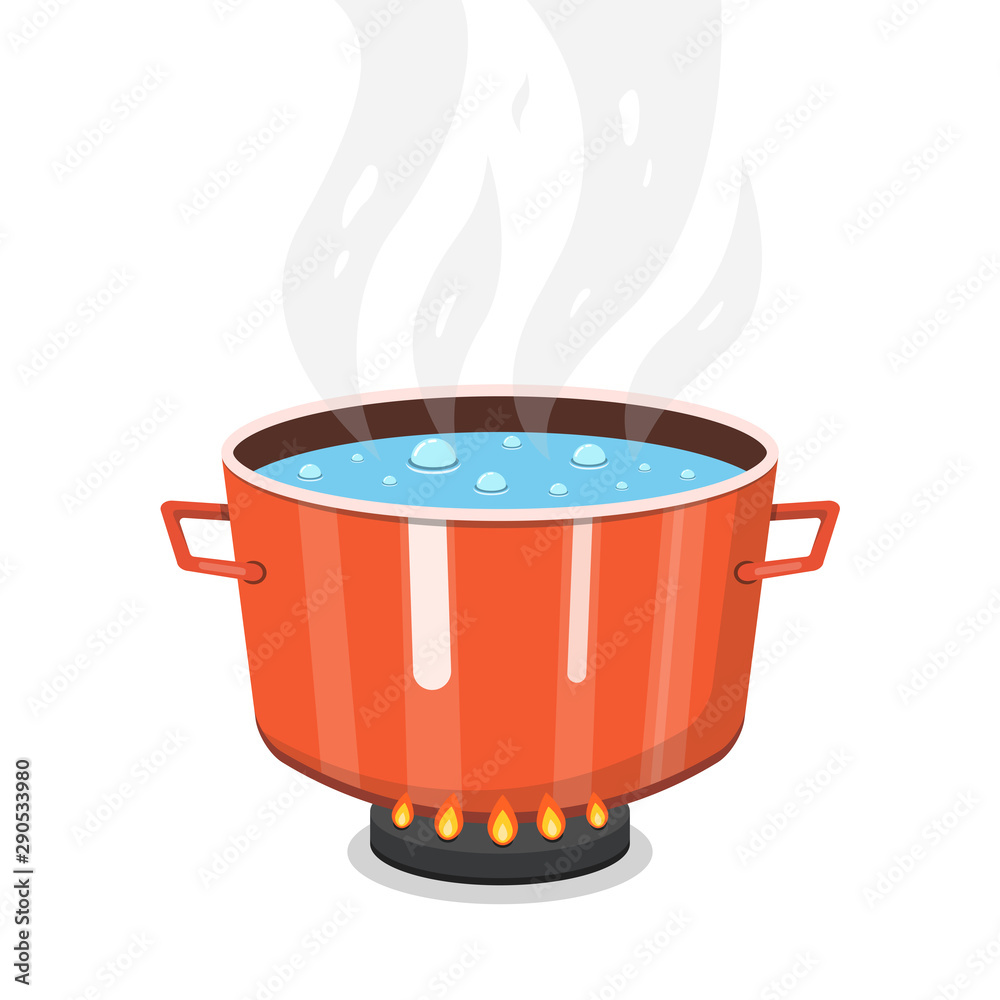 Boiling water in pan. Cooking pot on stove with water and steam. Flat ...