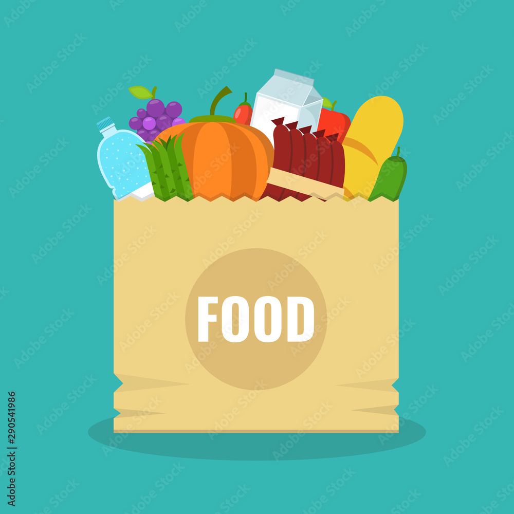 Paper bag with foods. Grocery delivery concept. Flat cartoon style ...