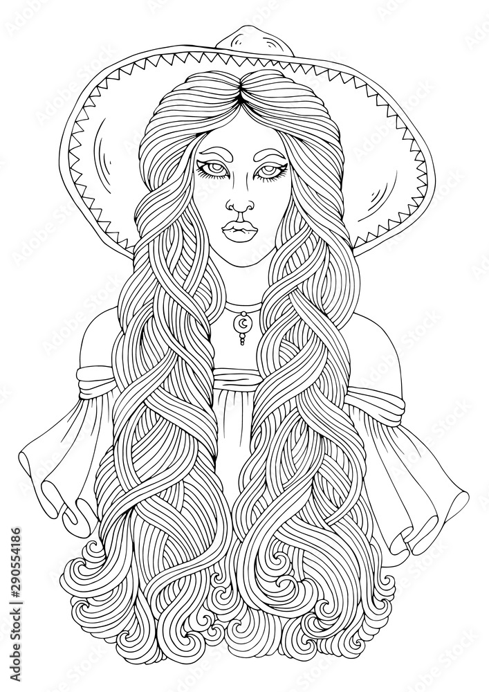 Vector hand drawn portrait of a young modern city witch. Young girl ...