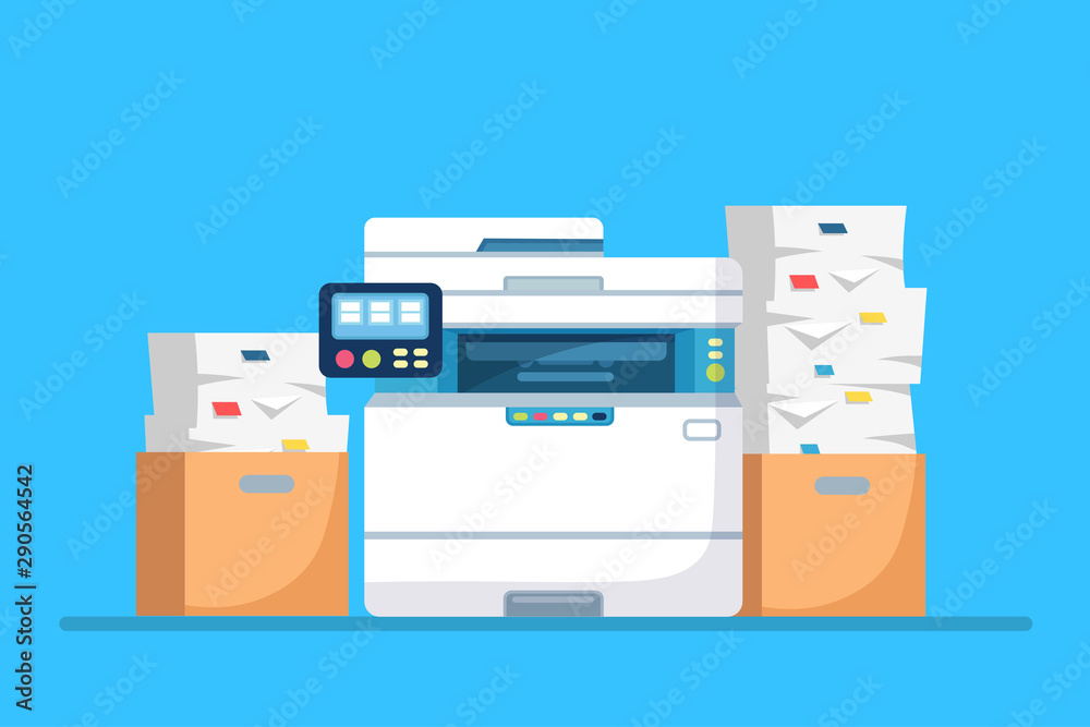 Printer, office machine with paper, document stack. Scanner, copy ...