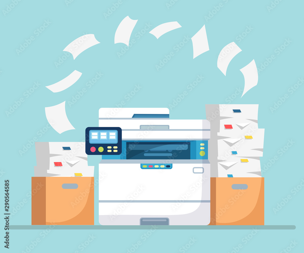 Printer, office machine with paper, document stack. Scanner, copy ...
