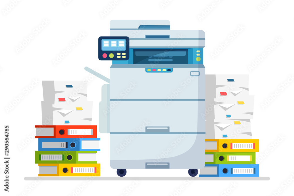 Printer, office machine with paper, document stack. Scanner, copy ...